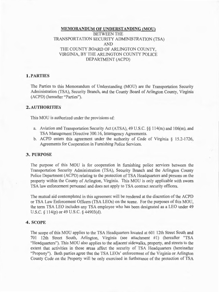 ACPD & TSA Memorandum of Understanding Signed (Arlington) | PDF ...