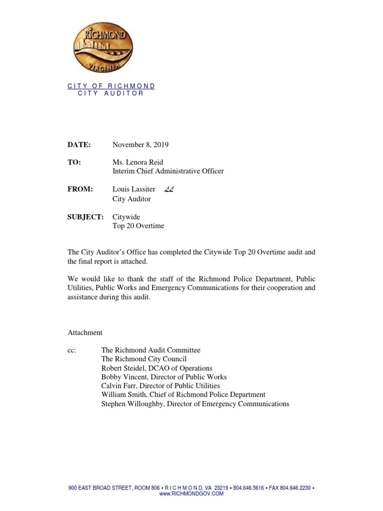 Richmond City Overtime Audit Report | PDF | Internal Control | Overtime