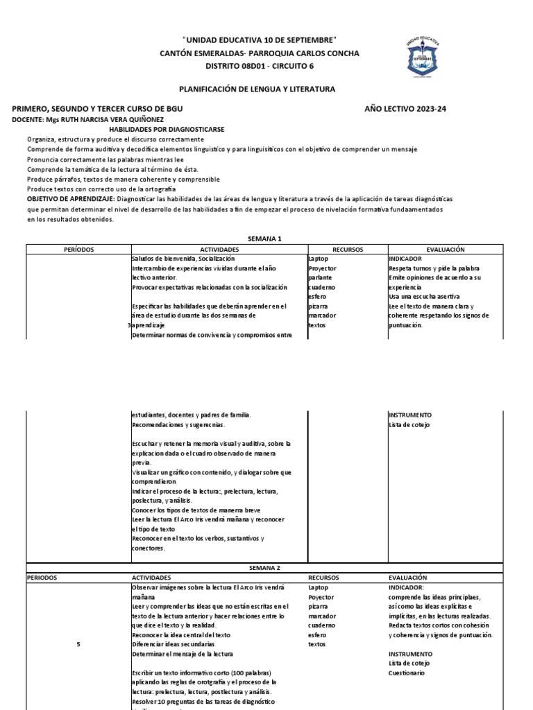 Planificacion Semanas 3 y 4 Lengua 2023-24 | PDF | Aprendizaje | Evaluación