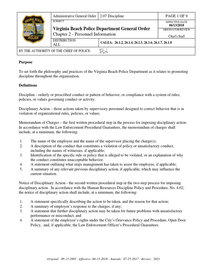 General Order 2.07 Discipline (Virginia Beach Police Department) | PDF ...