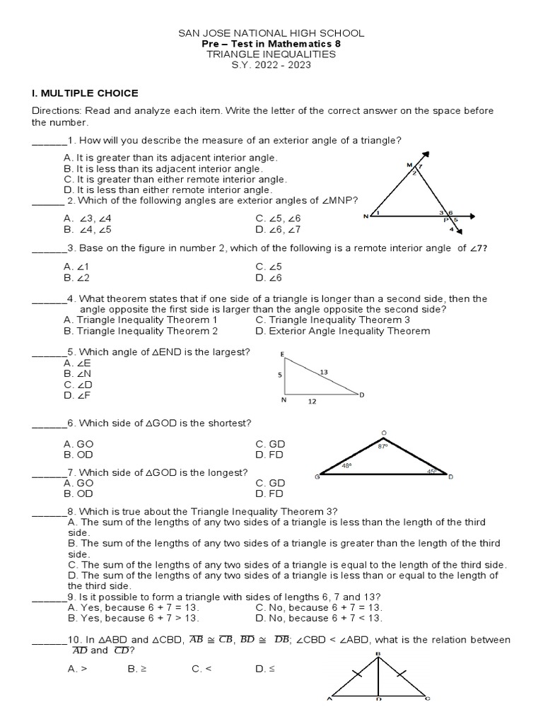 Triangle Inequalities Pre-Test Grade 8 | PDF | Triangle | Euclidean ...