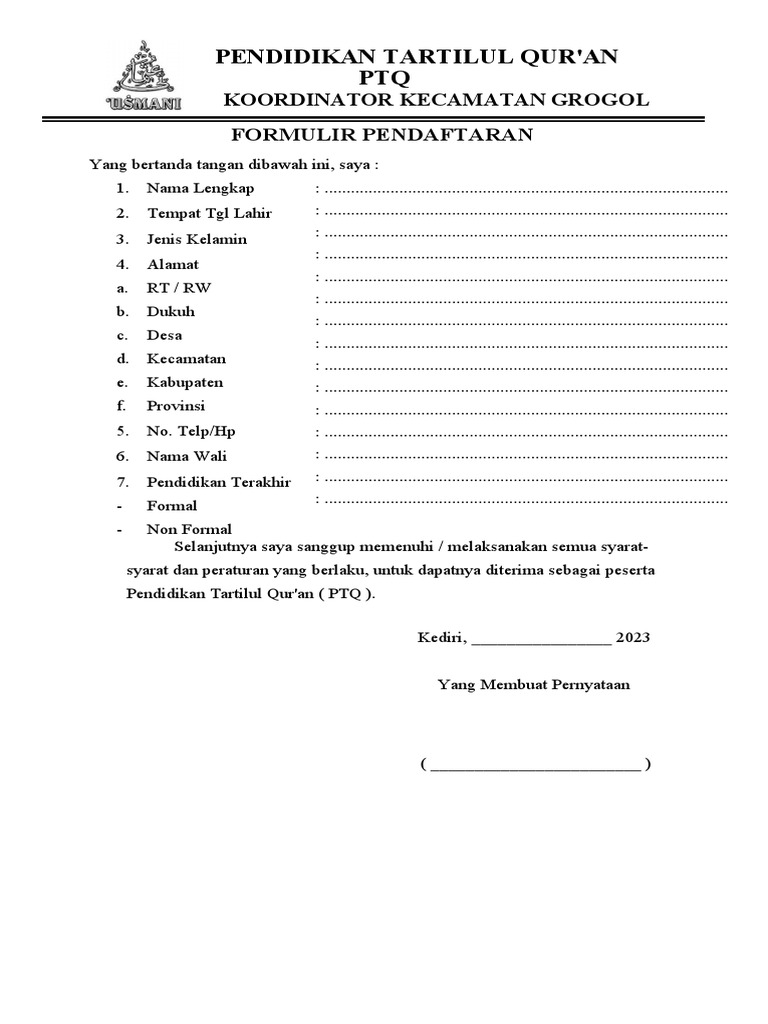 Formulir Pendaftaran PGPQ PTQ | PDF