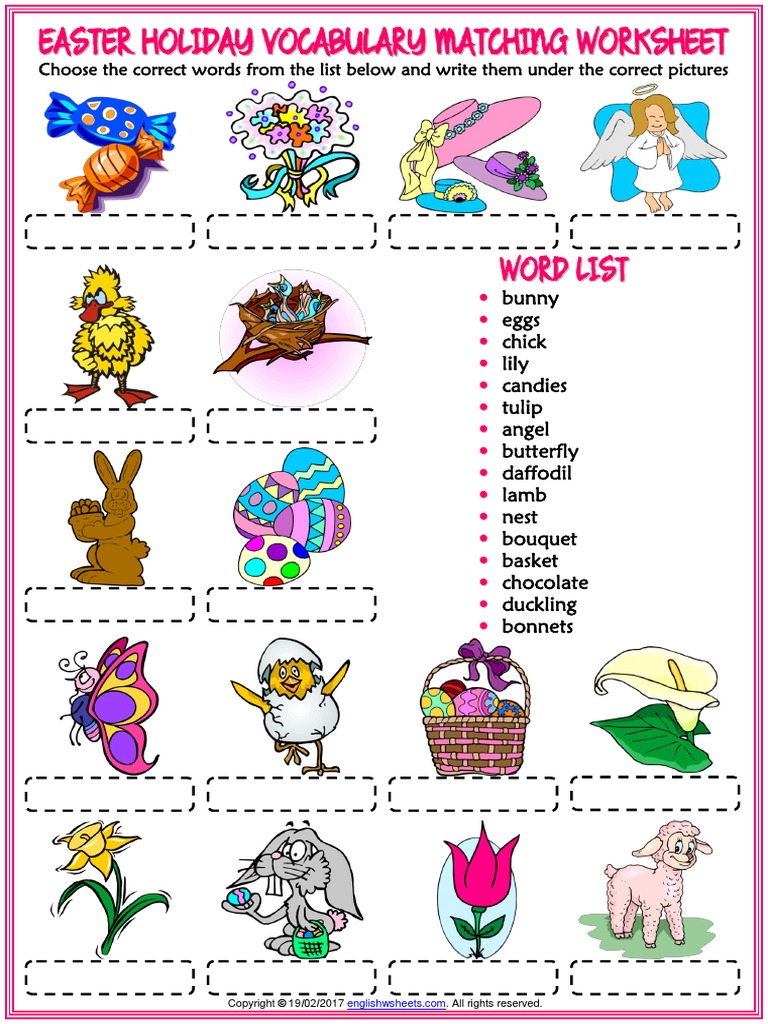Easter Holiday Vocabulary Esl Matching Exercise Worksheet For Kids ...