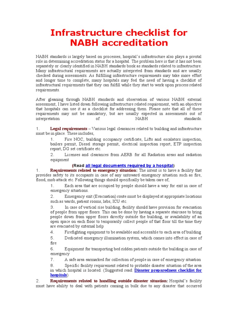 Checklist - Infrastructure For NABH Accreditation | PDF | Emergency ...