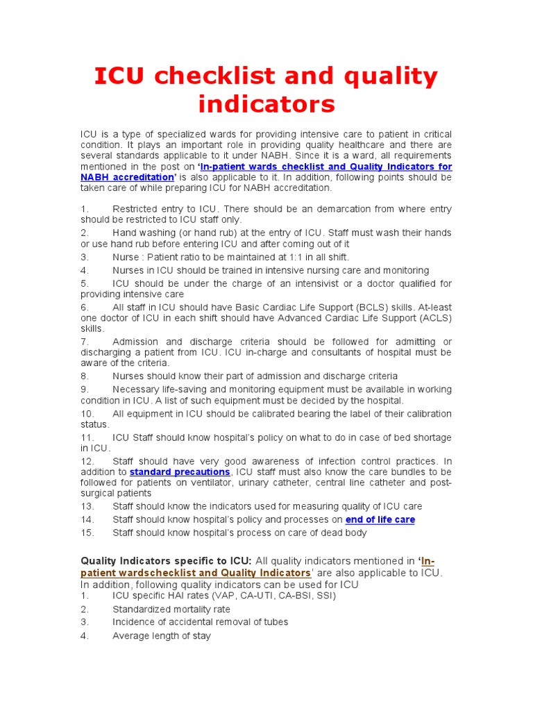 Checklist And Quality Indicators Icu For Nabh Accreditation Preparation