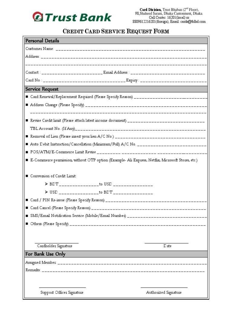 Trust Bank Credit Card Service Request | PDF | Computing | Payments