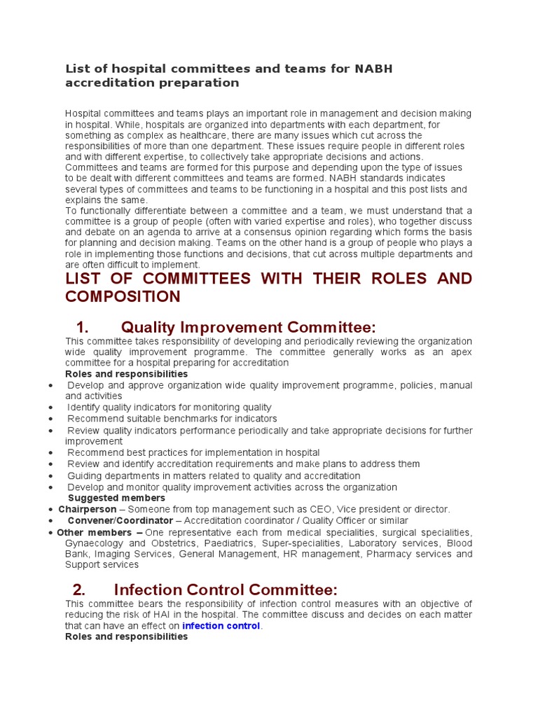 List of Hospital Committees and Teams For NABH Accreditation ...
