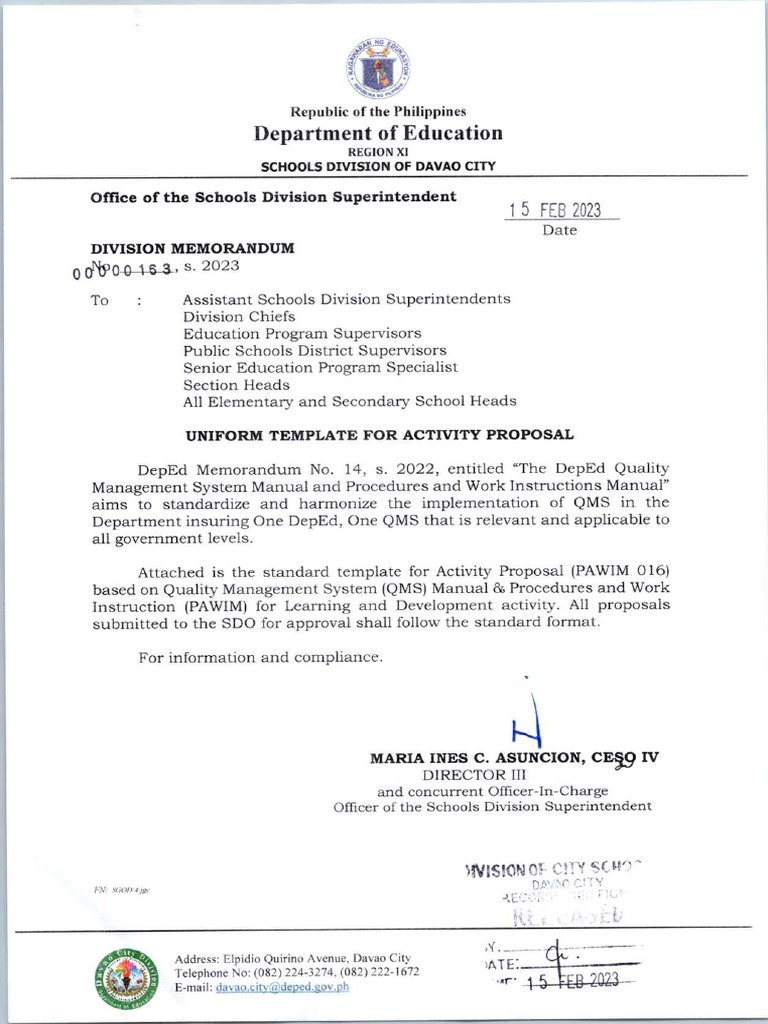 2023 DM No. 163 Uniform Template For Activity Proposal | PDF