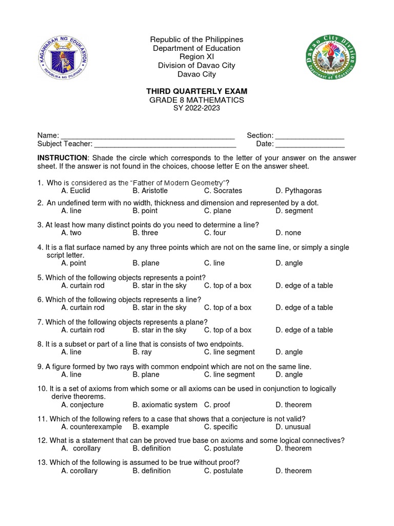 Quarterly Test - Q3 Mathematics 8 | PDF