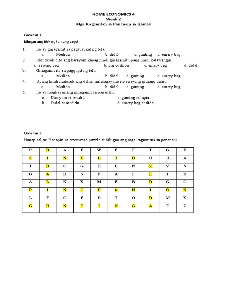 Gawain 1 - Mga Kagamitan Sa Pananahi Sa Kamay | PDF