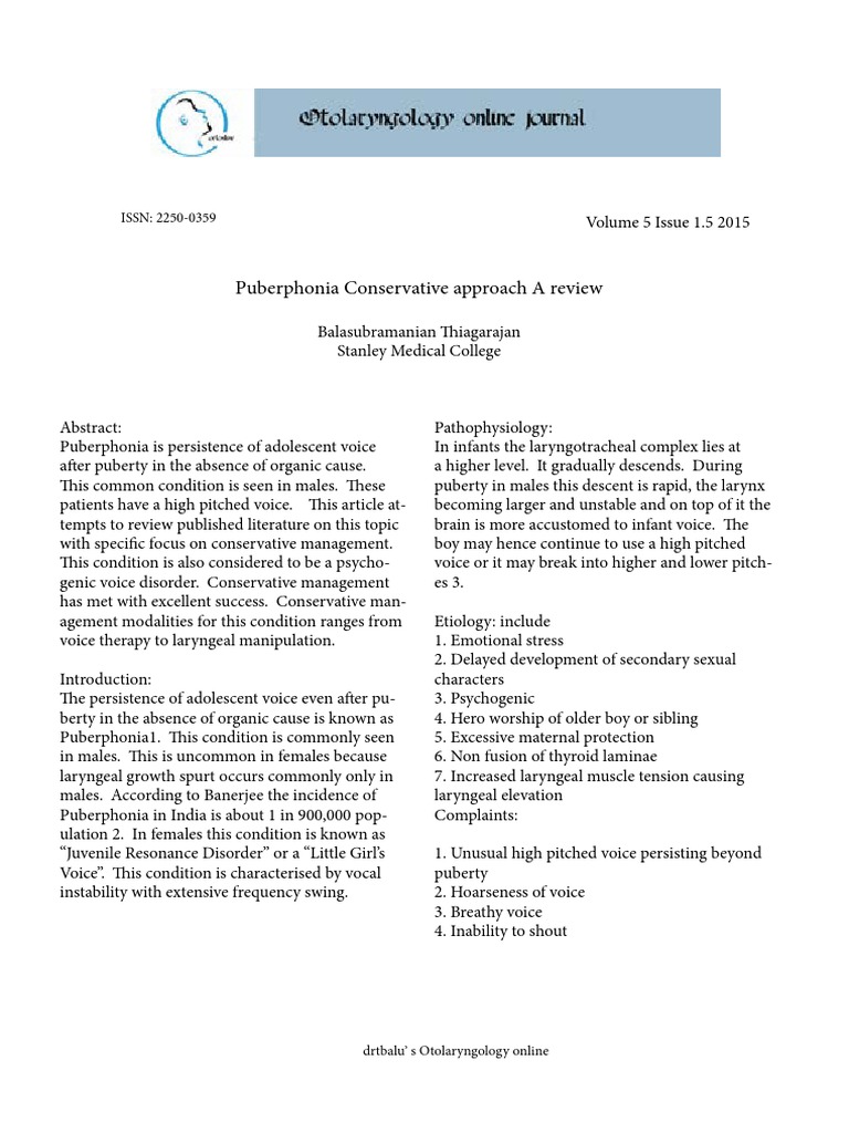 Puberphonia Conservative Approach A Review | PDF | Human Voice | Larynx