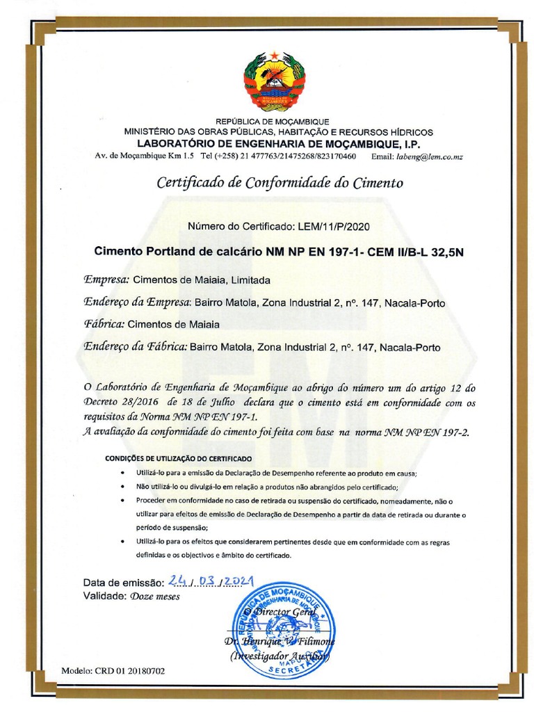Certificado de conformidade do cimento （质量证书2021 | PDF
