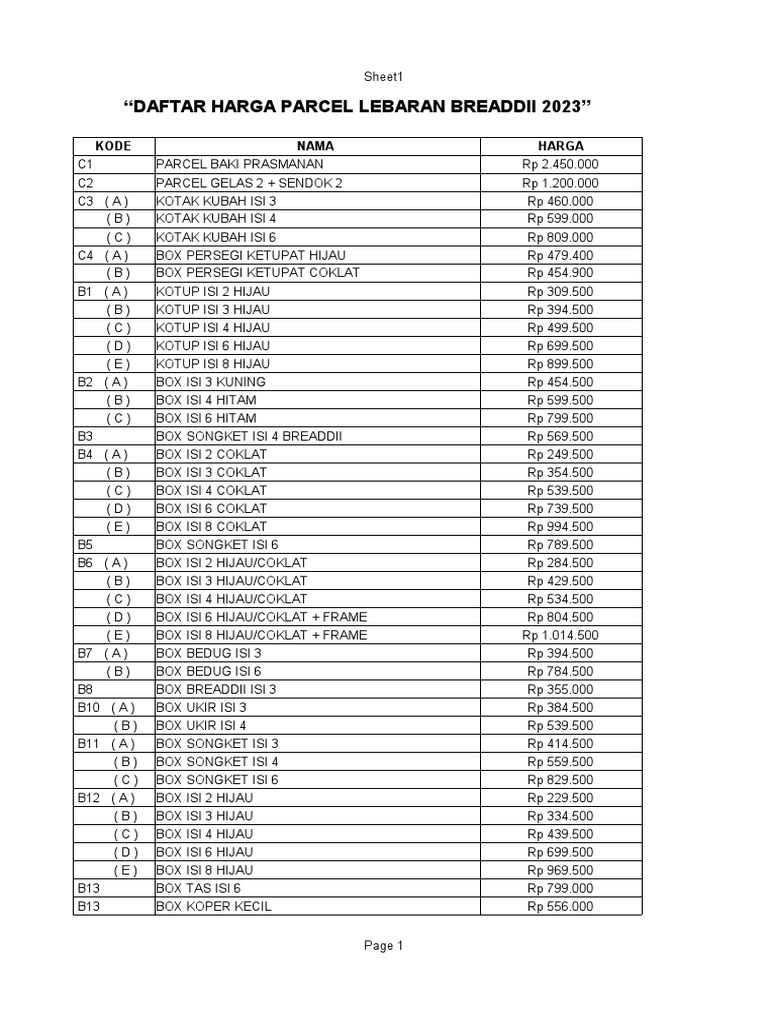 Daftar Harga Parcel Lebaran Breaddii 2023 (1) | PDF