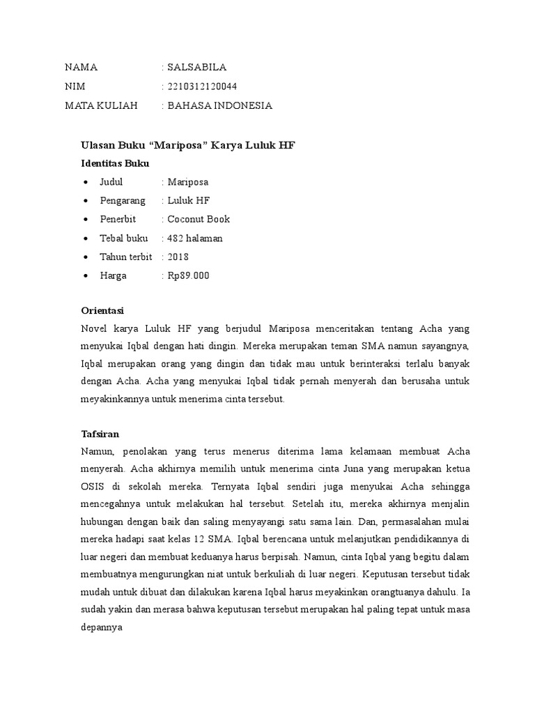 Ulasan Novel "Mariposa" Karya Luluk HF | PDF