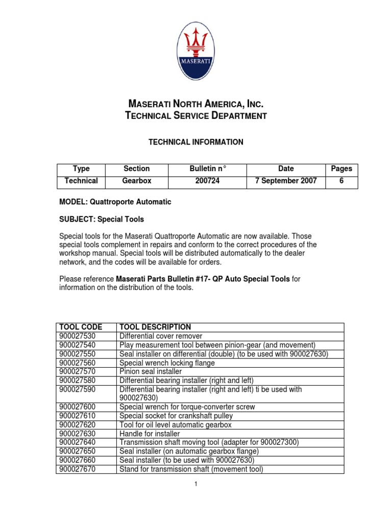 Maserati Quattroporte Tool Guide | PDF
