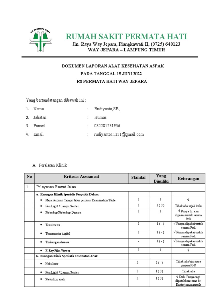 Assessmet Alat Kesehatan Rumah Sakit 2022 | PDF
