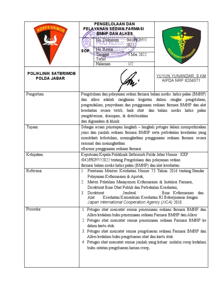 PKP 15.1 Sop Pengelolaan Dan Pelayanan Sedian Farmasi BMHP Dan Alkes | PDF