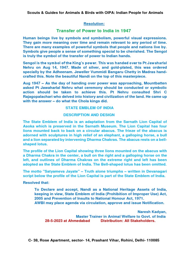Resolution: Transfer of Power To India in 1947 - Sengol | PDF ...