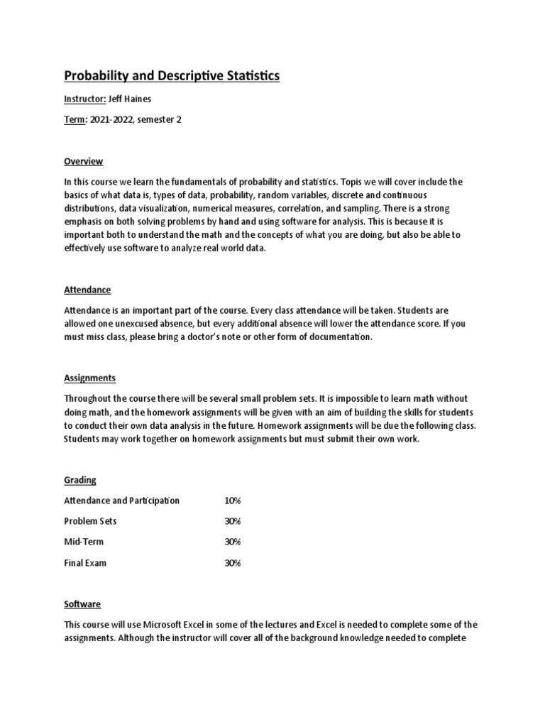 Probability and Descriptive Statistics Syllabus | PDF | Statistics ...