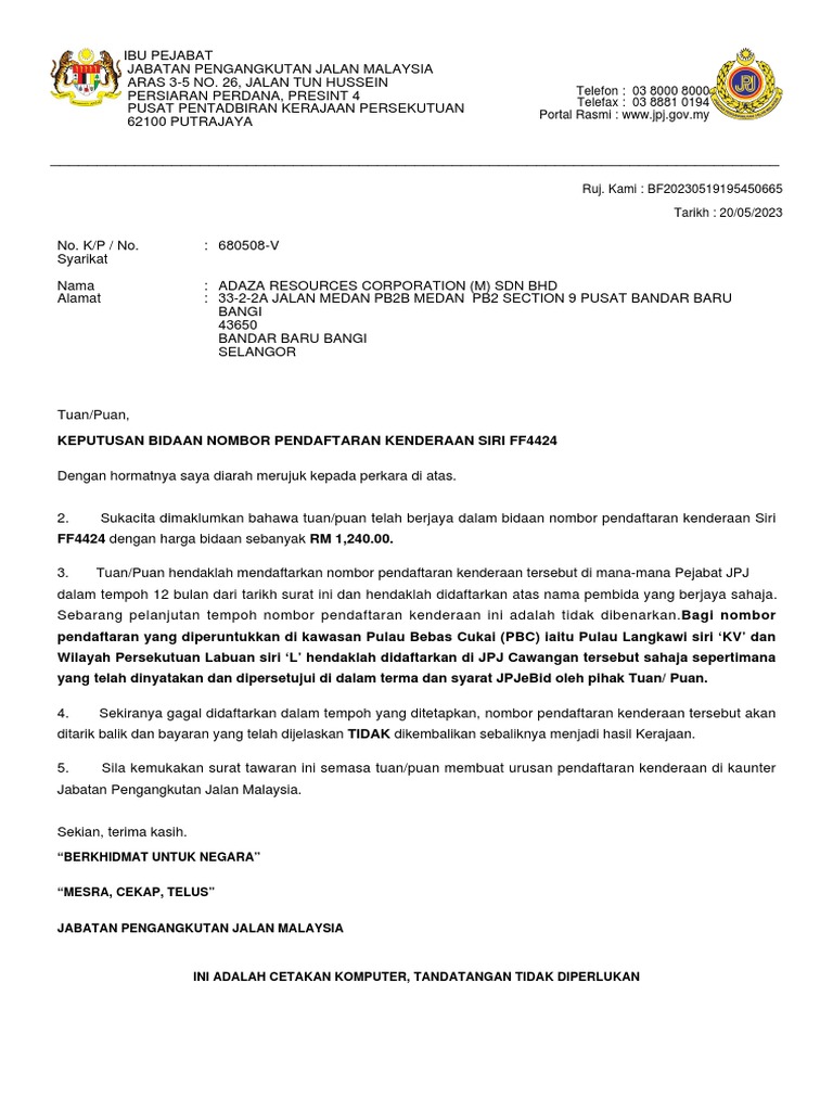 Surat JPJ Berjaya FF4424 | PDF
