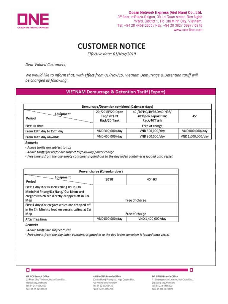 Ocean Network Express - Vietnam Demurrage & Detention Free Time and ...
