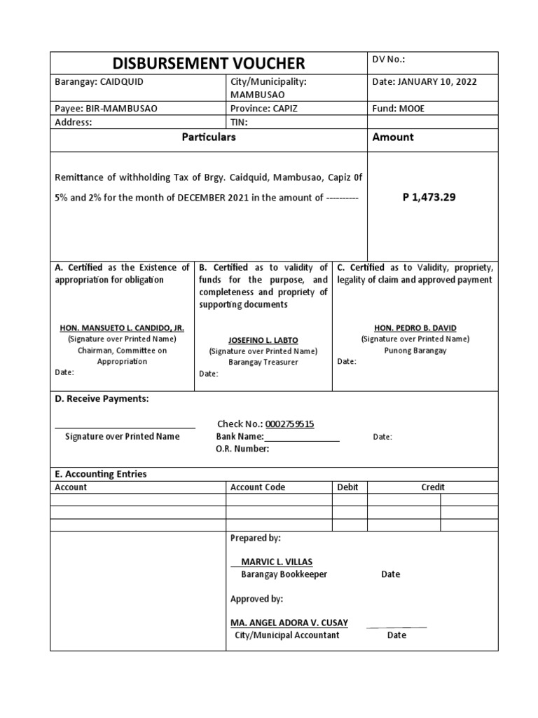 Disbursement Voucher 2022 | PDF