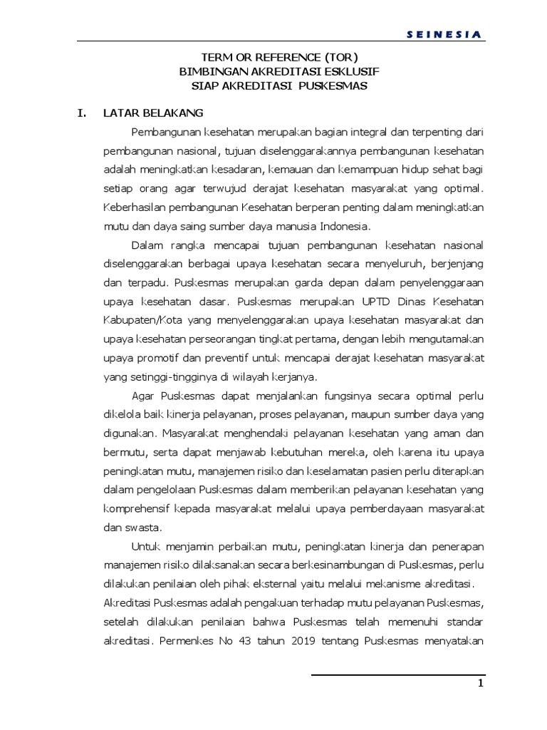 TOR Bimbingan Akreditasi Puskesmas Esklusif Daring - REVISI | PDF