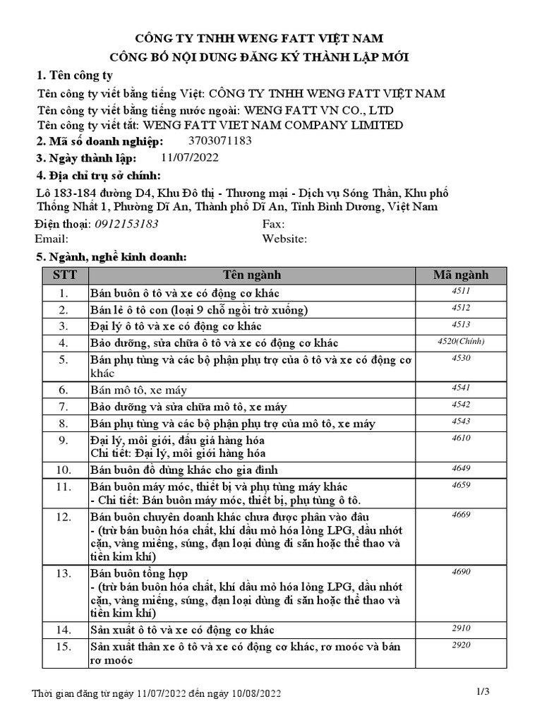 CÔNG TY TNHH WENG FATT VIỆT NAM | PDF