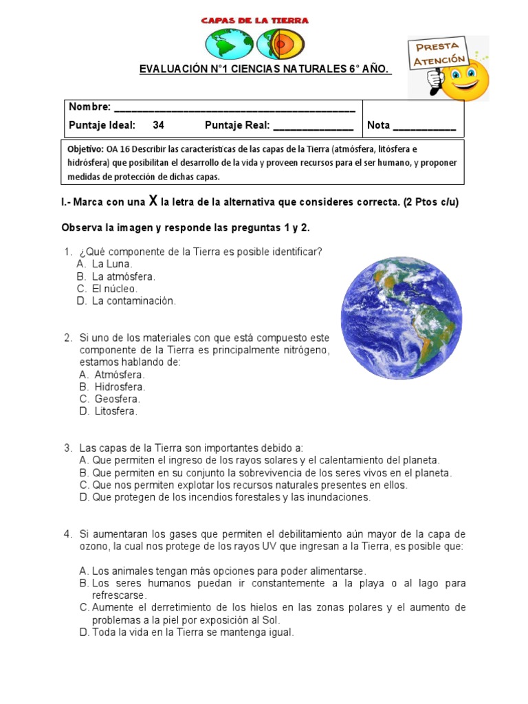 6° Año - Ciencias - Prueba Capas de La Tierra | PDF | Tierra | Atmósfera