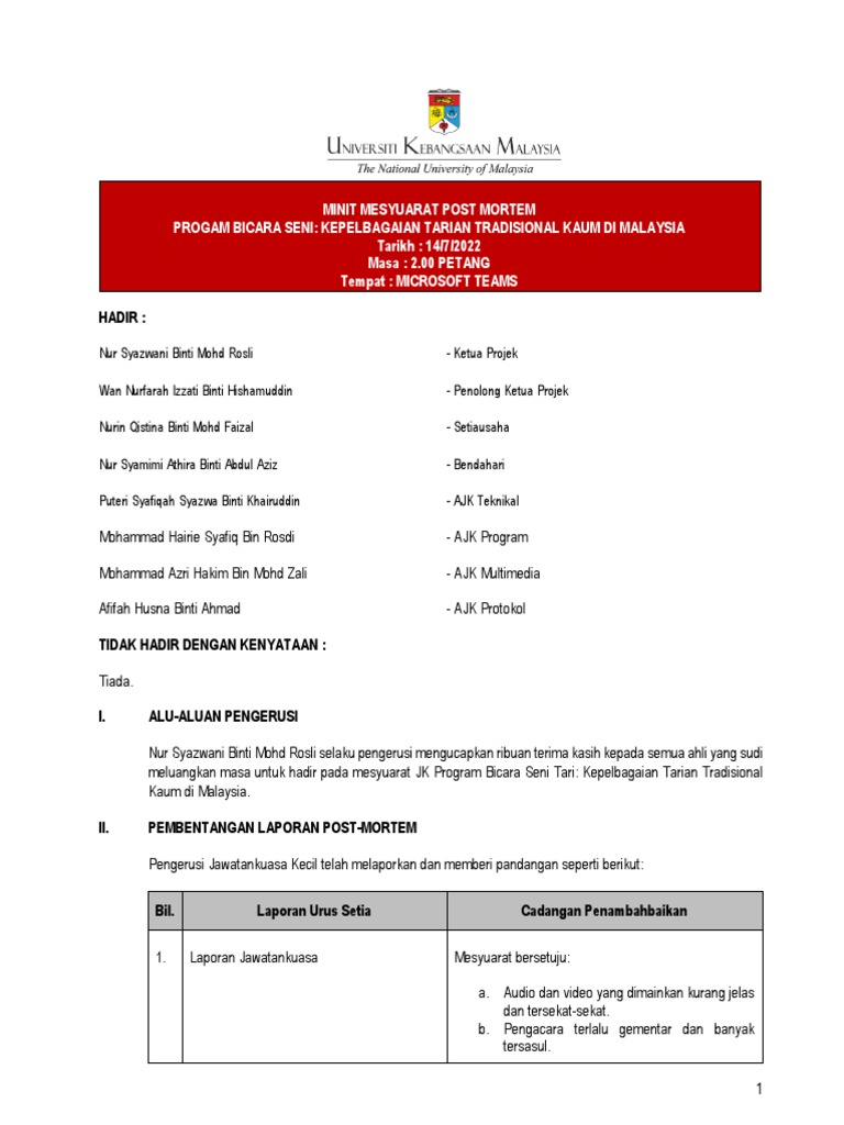 Minit Mesyuarat Post Mortem | PDF