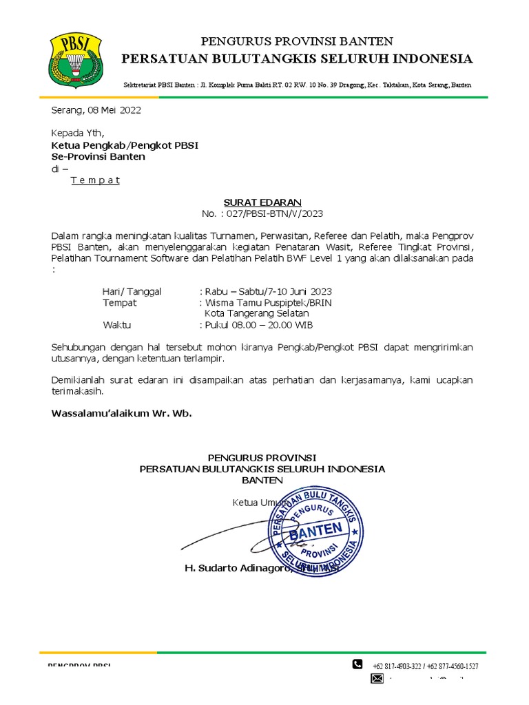 027 - Surat Edaran Pelatihan Pengprov Pbsi Banten 2023 | PDF