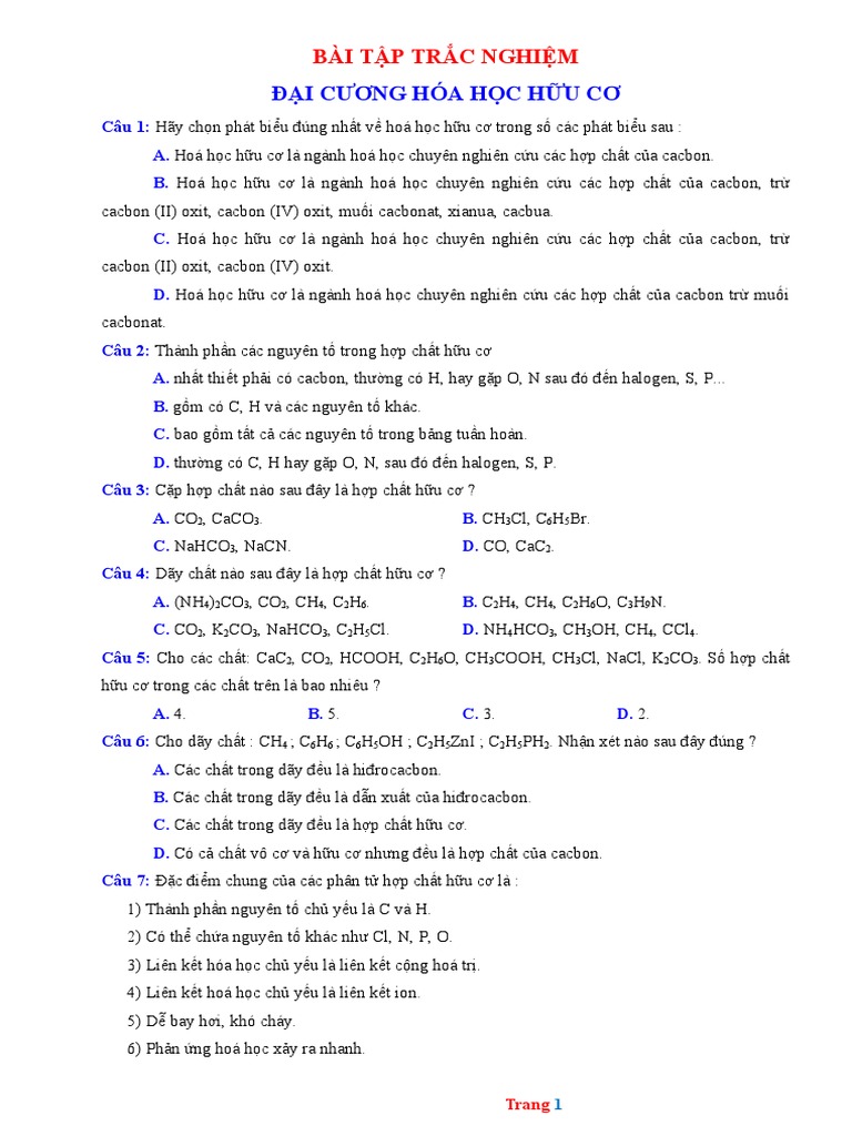 Trac Nghiem Dai Cuong Hoa Huu Co 11 | PDF