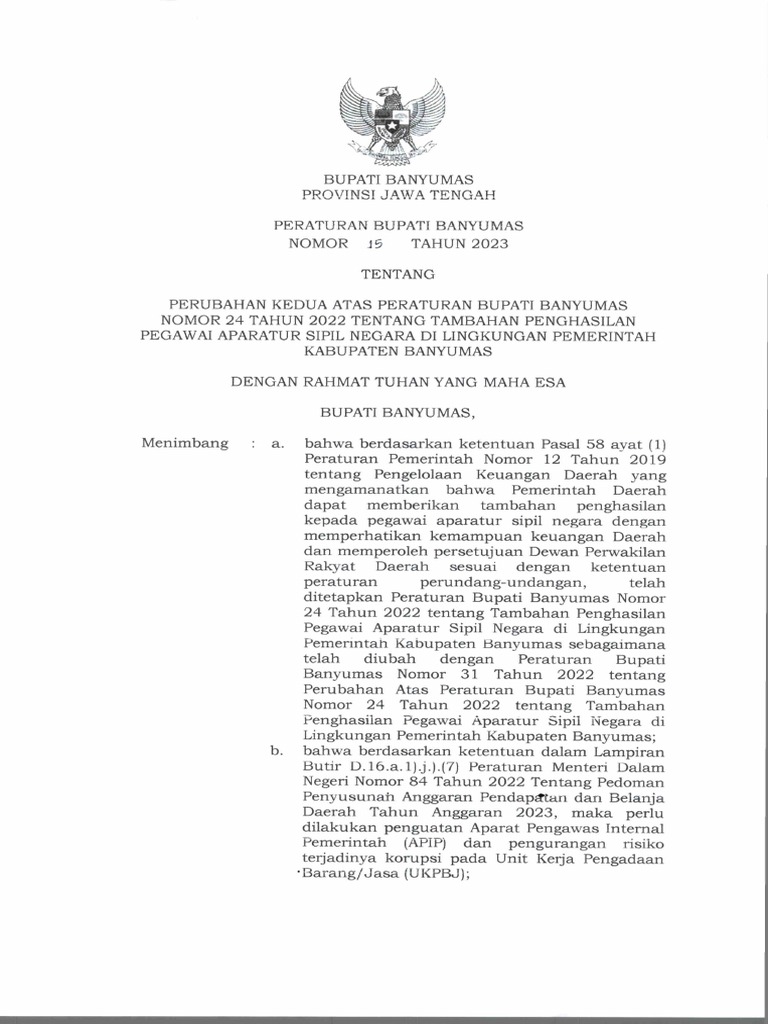 Perbup 15 Tahun 2023 TTG Perubahan Perbup TPP | PDF