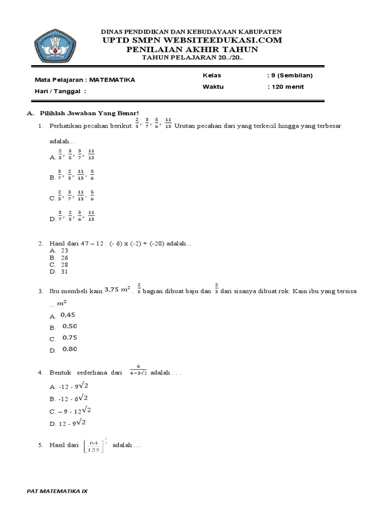Soal PAT Matematika Kelas 9 K13 | PDF