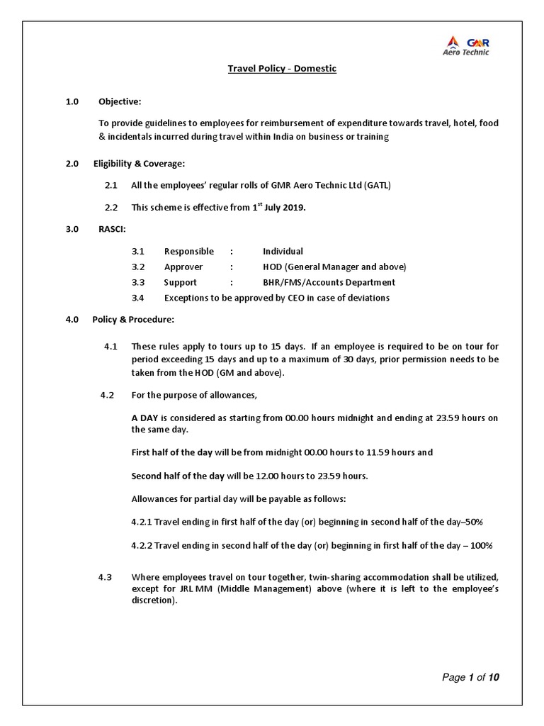 GMR Aero Domestic Travel Policy | PDF | Per Diem | Economies