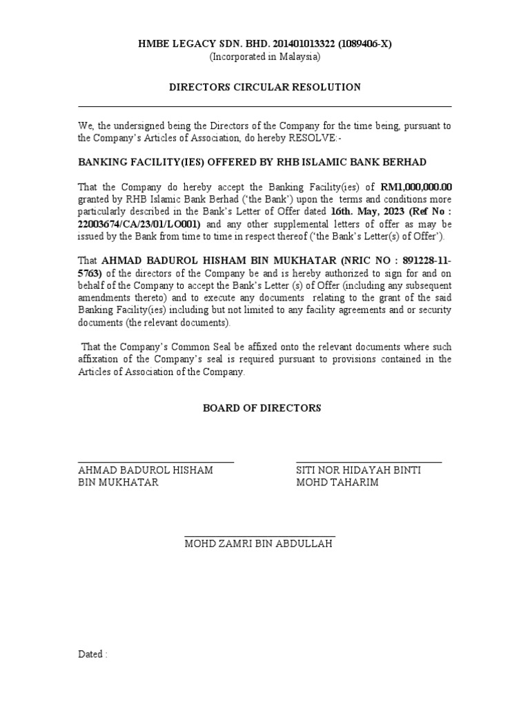 Hmbe Legacy Sdn. Bhd. - Resolusi Facilty Rm1 Juta | PDF