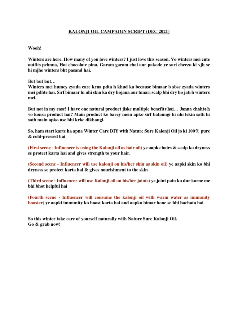 Kalonji Oil Campaign Script (Hindi) | PDF