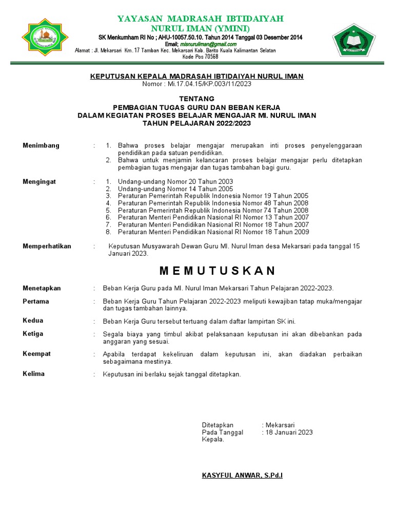 Sk Pembagian Tugas Mengajar 2022 2023 Smt 2 | PDF