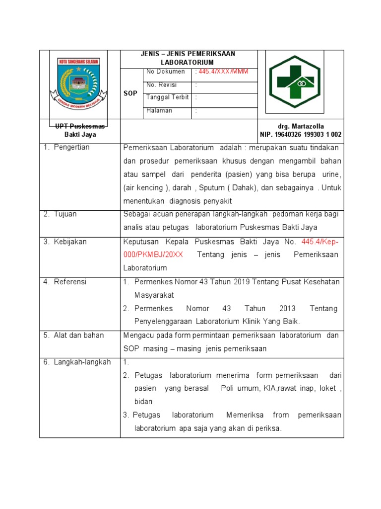3-9-01.sop Jenis - Jenis Pemeriksaan Laboratorium | PDF