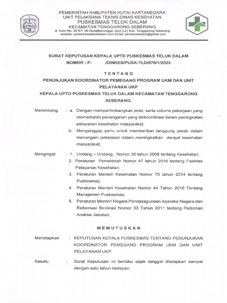 SK Penunjukan Koordinator Pemegang Program UKM Dan Pelayanan UKP | PDF