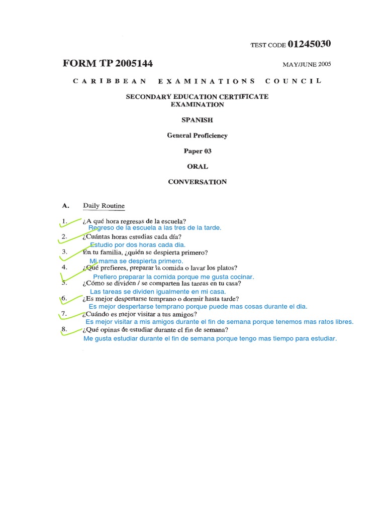 Spanish Paper 3s 2005-2019 Oral Conversation Questions | PDF