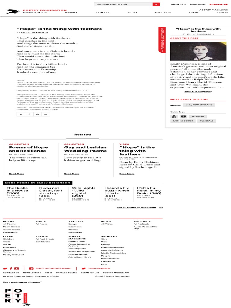 "Hope" Is The Thing With Feathers by Emily Poetry Foundation | PDF