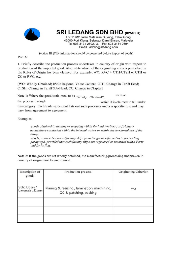 FTA Declaration Format and Details-Doors | PDF
