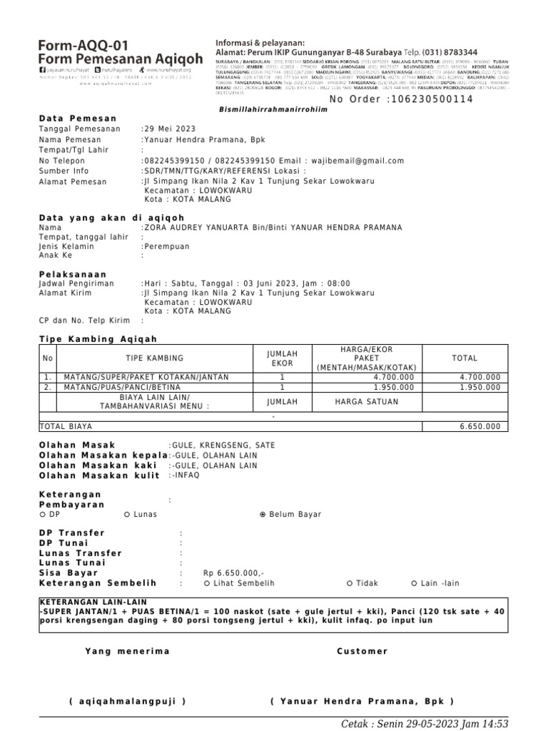 Order Aqiqah Buku Order Pak Yanuar | PDF