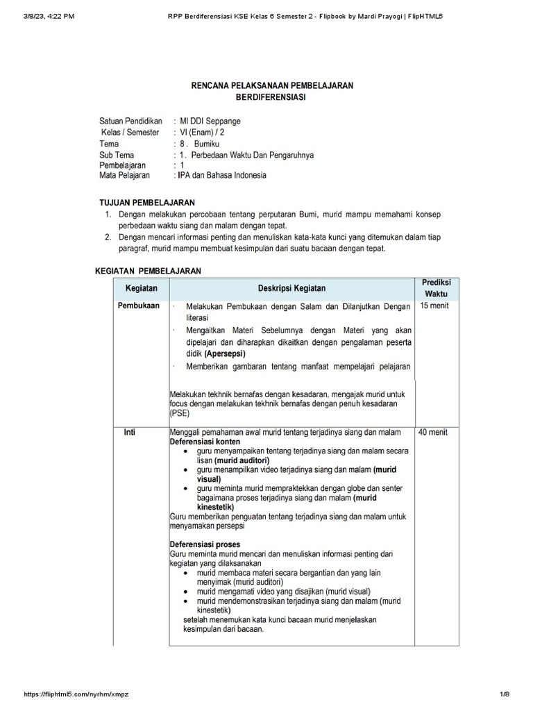 RPP Berdiferensiasi KSE Kelas 6 Semester 2 - Flipbook by Mardi Prayogi ...