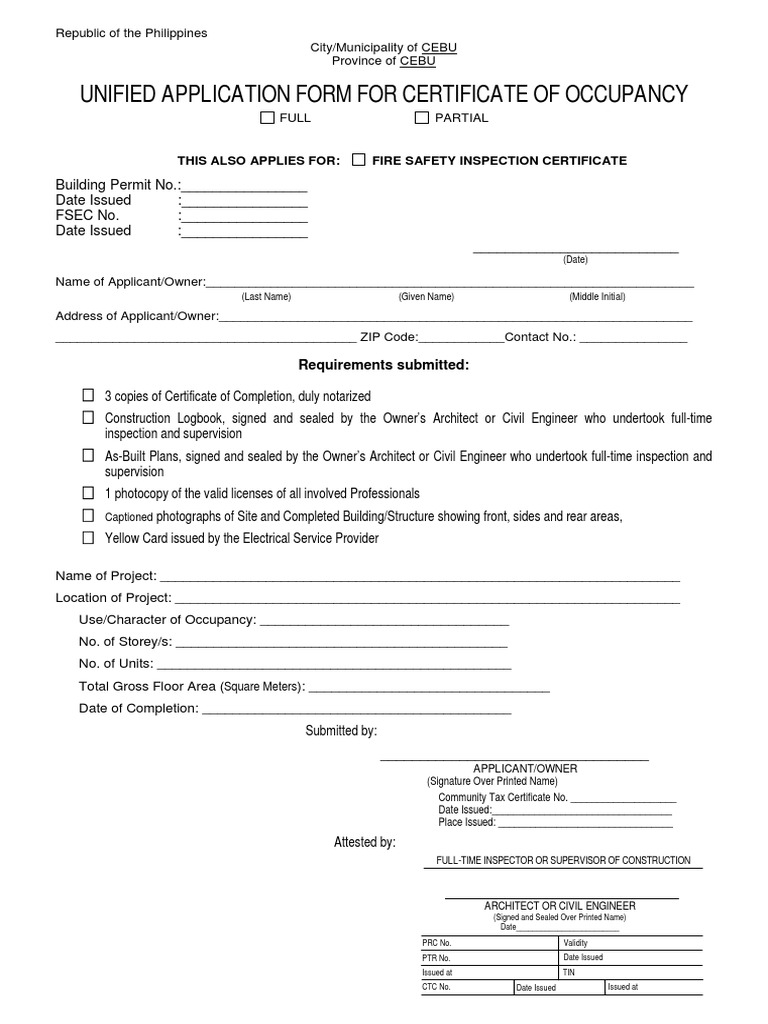 Unified Application Form For Certificate of Occupancy - DPWH | PDF