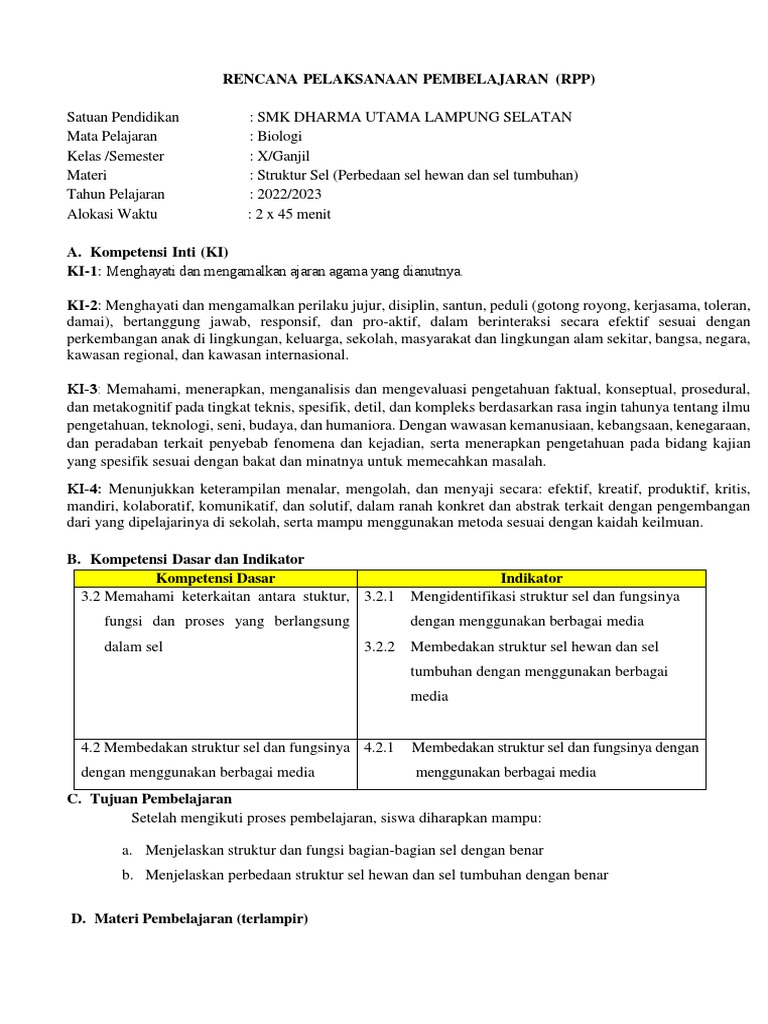RPP PBL Struktur Sel | PDF