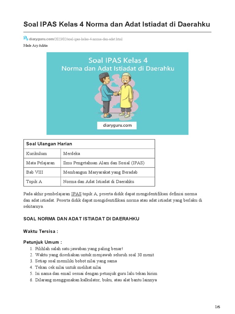 8A.-Soal IPAS Kelas 4 Norma Dan Adat Istiadat Di Daerahku | PDF