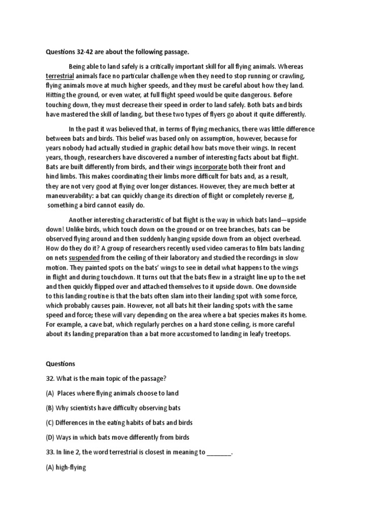 Reading Comprehension Sample Test 5 | Download Free PDF | Bat | Flight