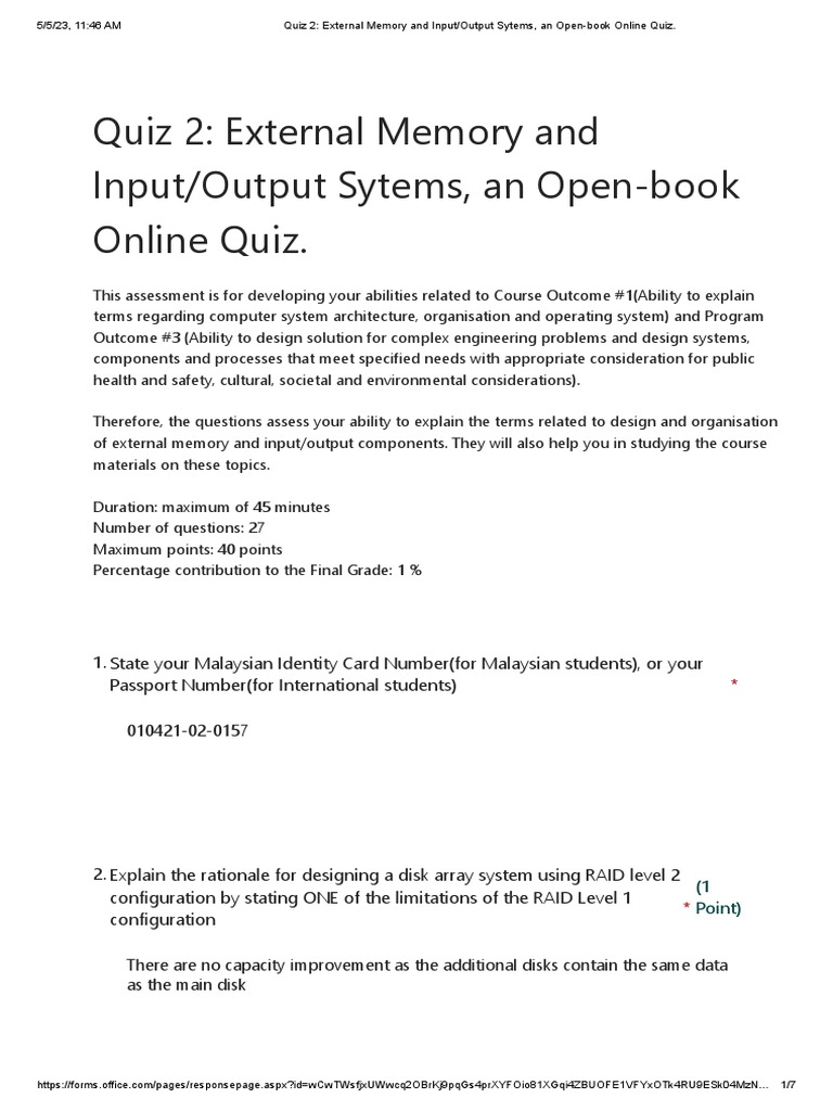 Quiz 2 - External Memory and Input - Output Sytems, An Open-Book Online Quiz | PDF | Hard Disk ...